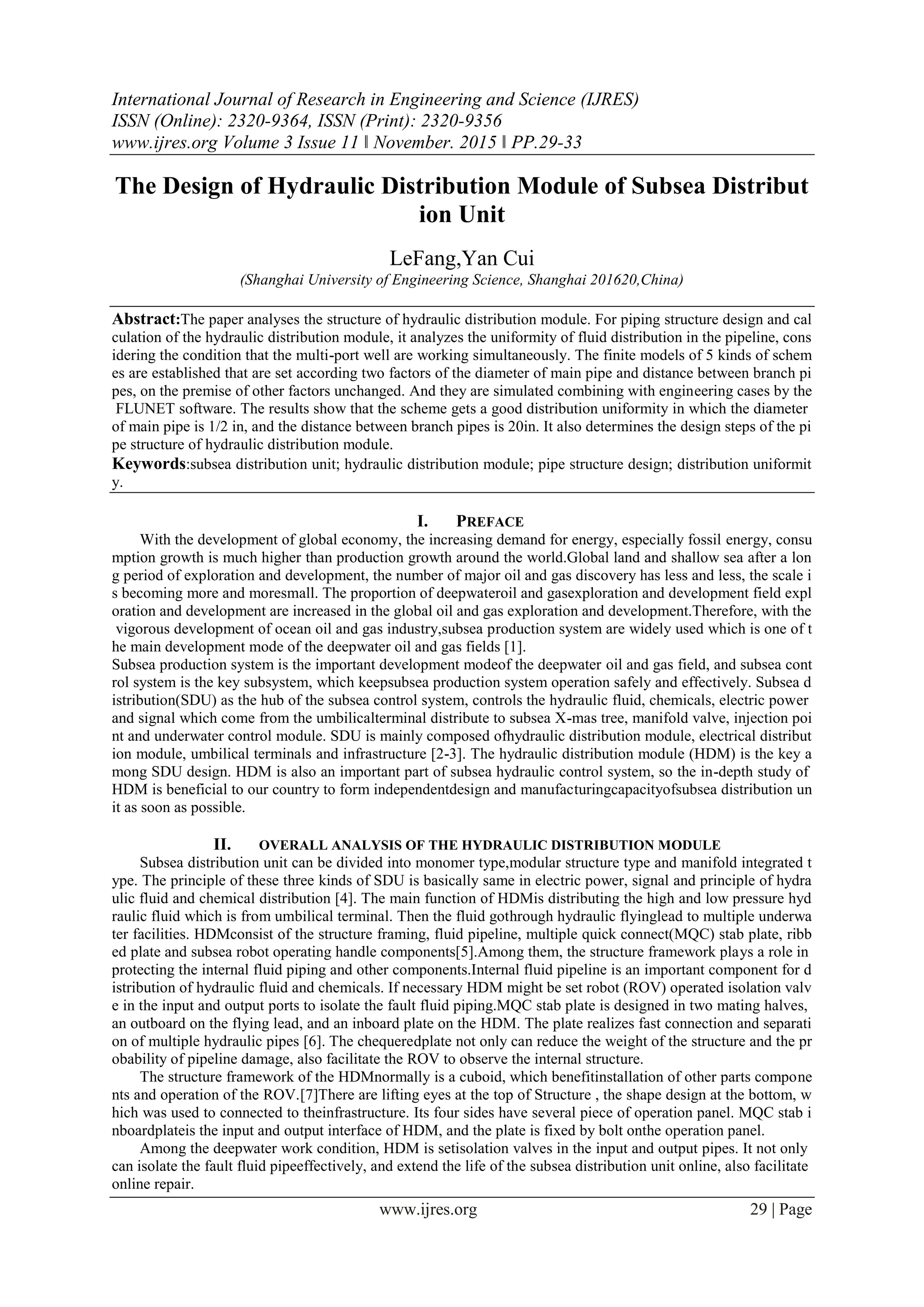 The Design of Hydraulic Distribution Module of Subsea Distribut ion ...