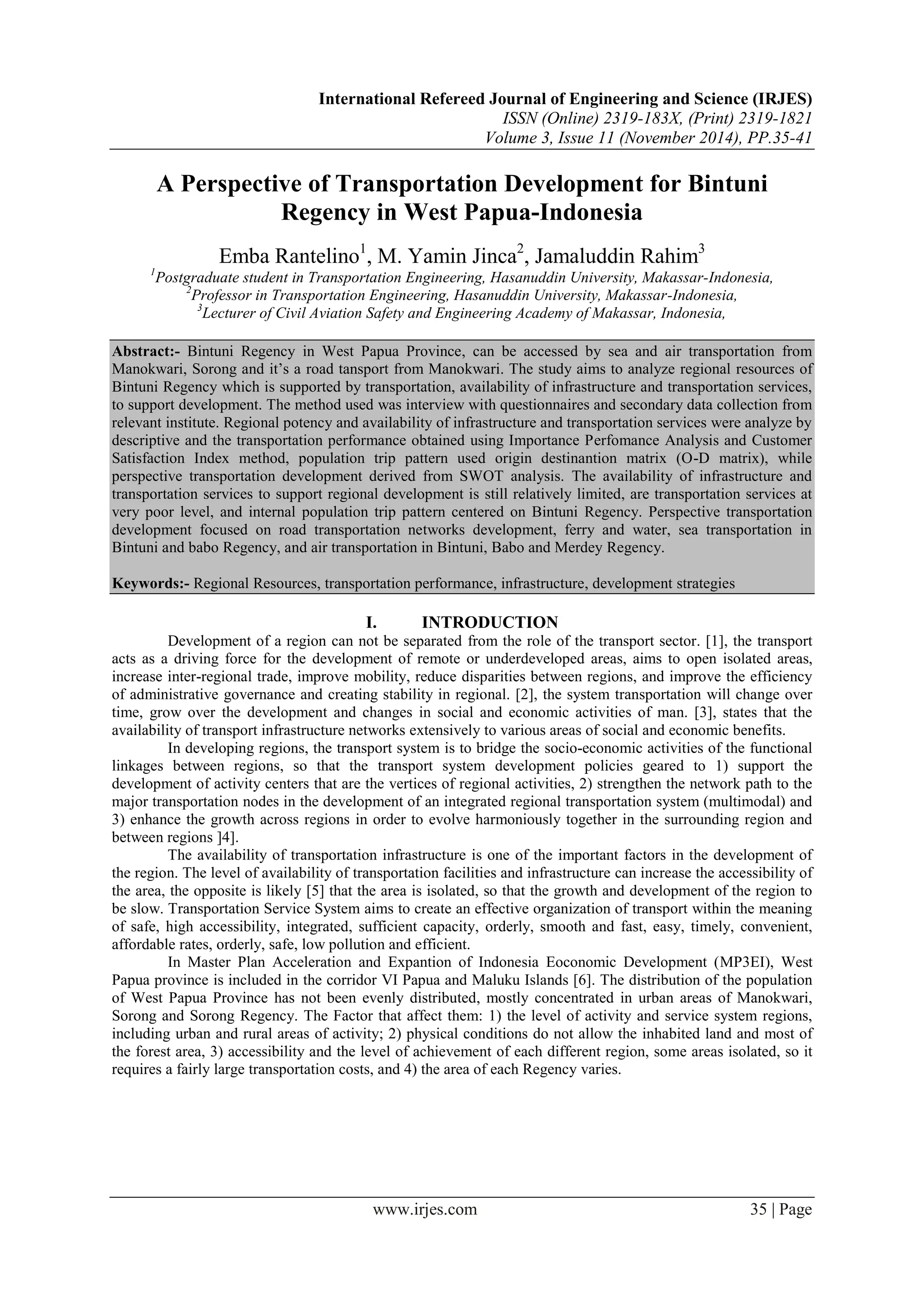 A Perspective of Transportation Development for Bintuni Regency in West ...