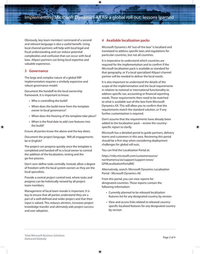 Implementing Microsoft Dynamics AX for a global roll out V3 PQ | PDF