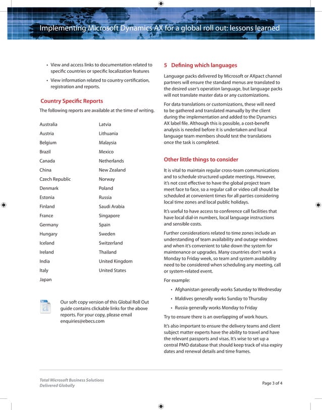 Implementing Microsoft Dynamics AX for a global roll out V3 PQ | PDF