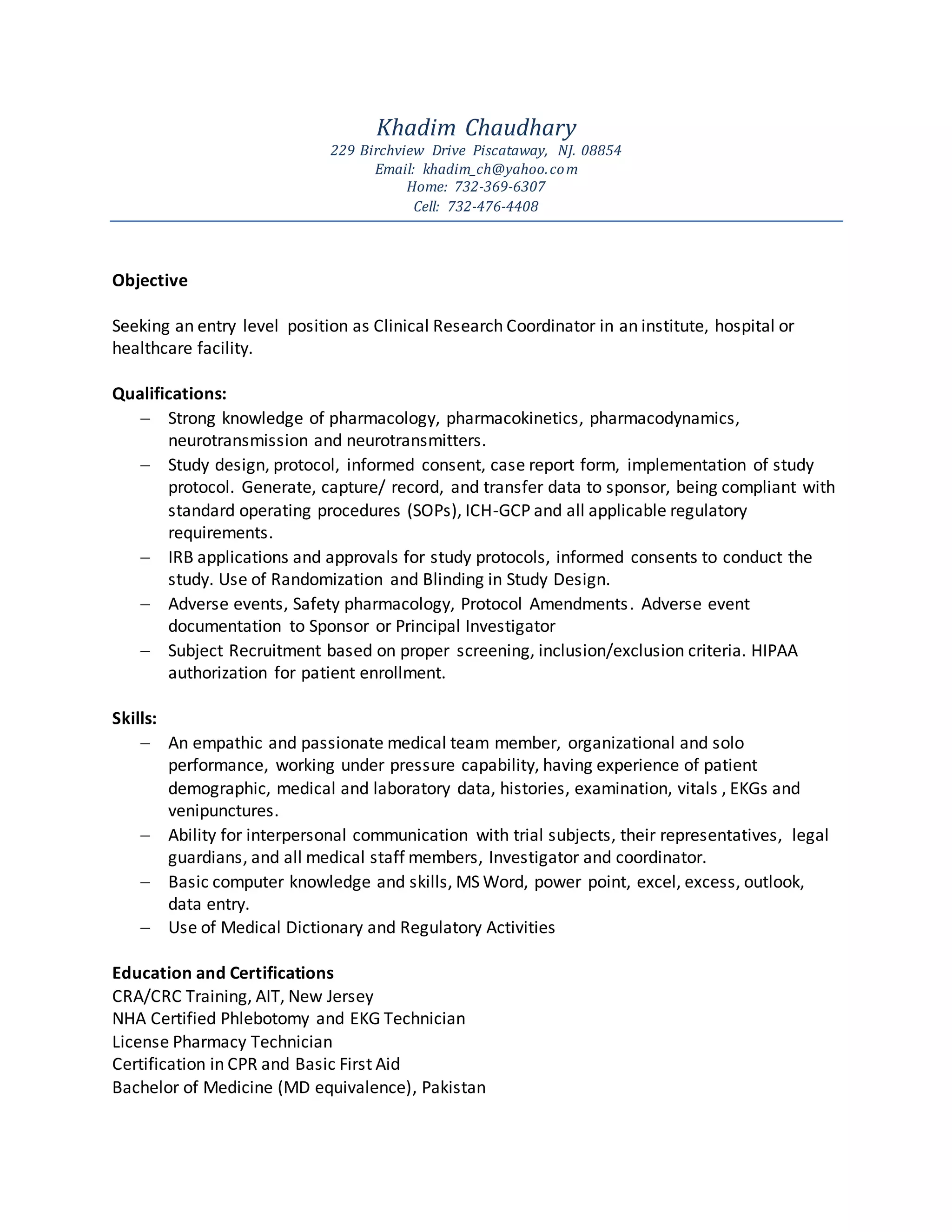 Khadim Chaudhary CRC Resume | DOCX