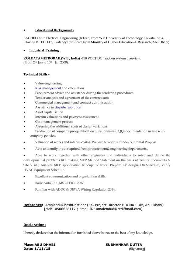 QS -MEP cv of S.Dutta 1-11-15 (1) (1) | PDF | Civil Engineering Industry | Industries