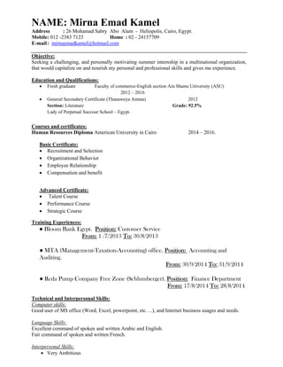mirna emad CV (2) | PDF | Business | Business and Finance