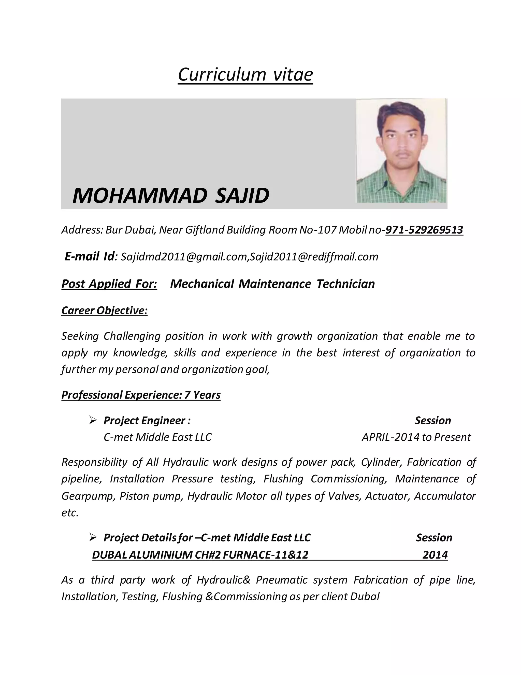Curriculum Mohammad Sajid | DOCX