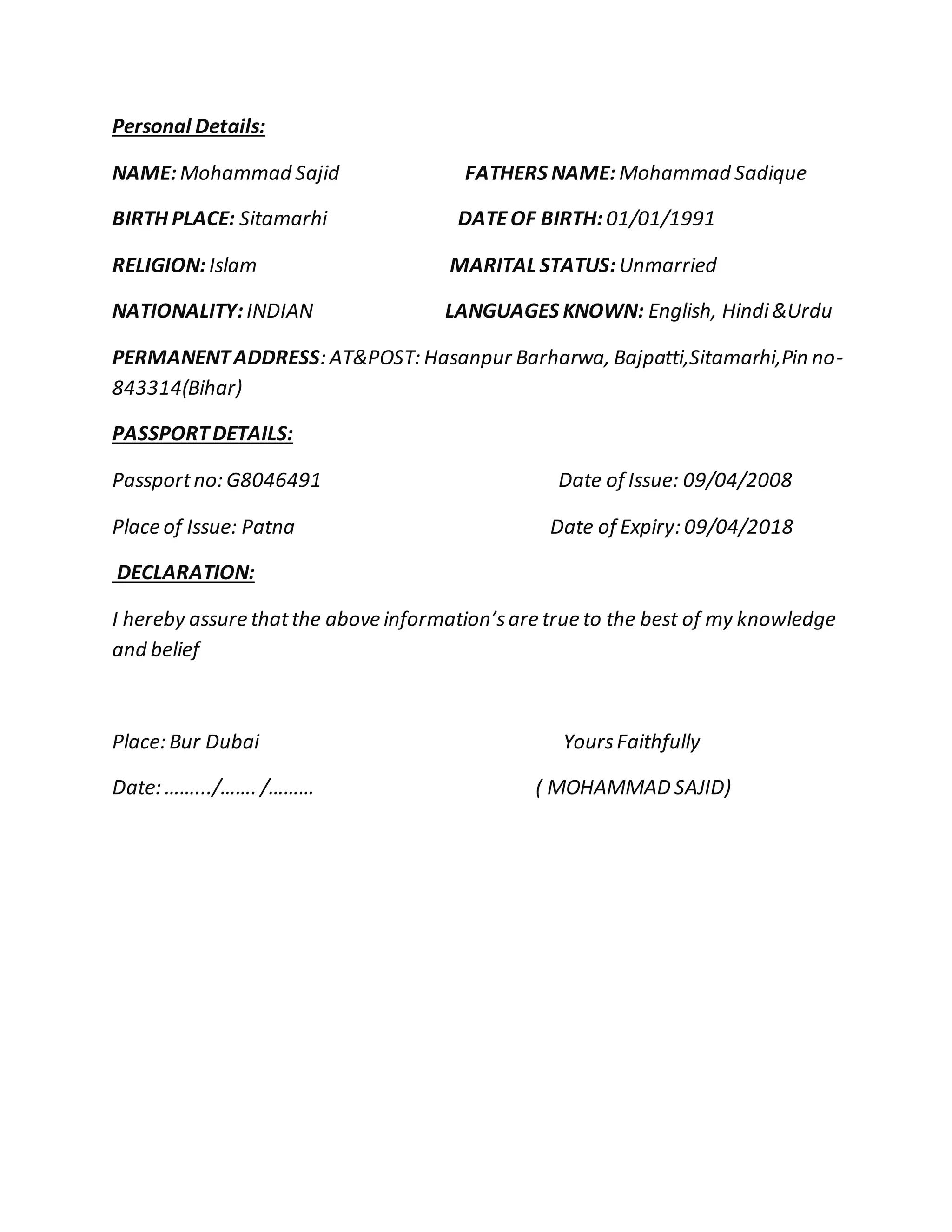 Curriculum Mohammad Sajid | DOCX