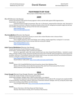 DavidHanonFilmProjects | PDF | Audio Production | Content Production