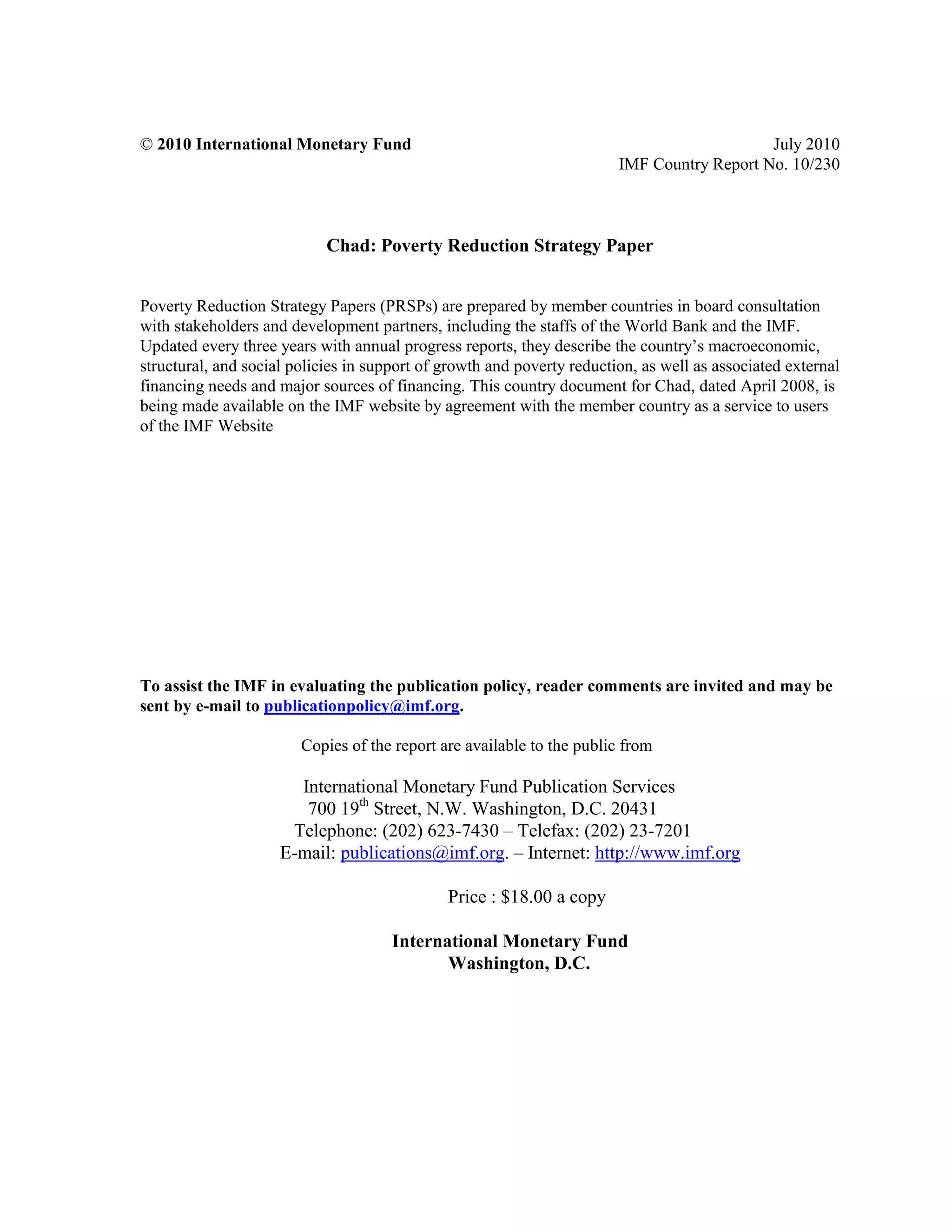 Chad Poverty Reduction Strategy Paper - 2010 | PDF | Non-Profit ...