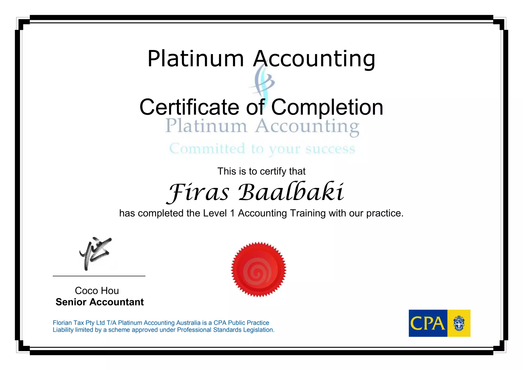 Platinum Accounting Certificate - Firas Baalbaki | PDF