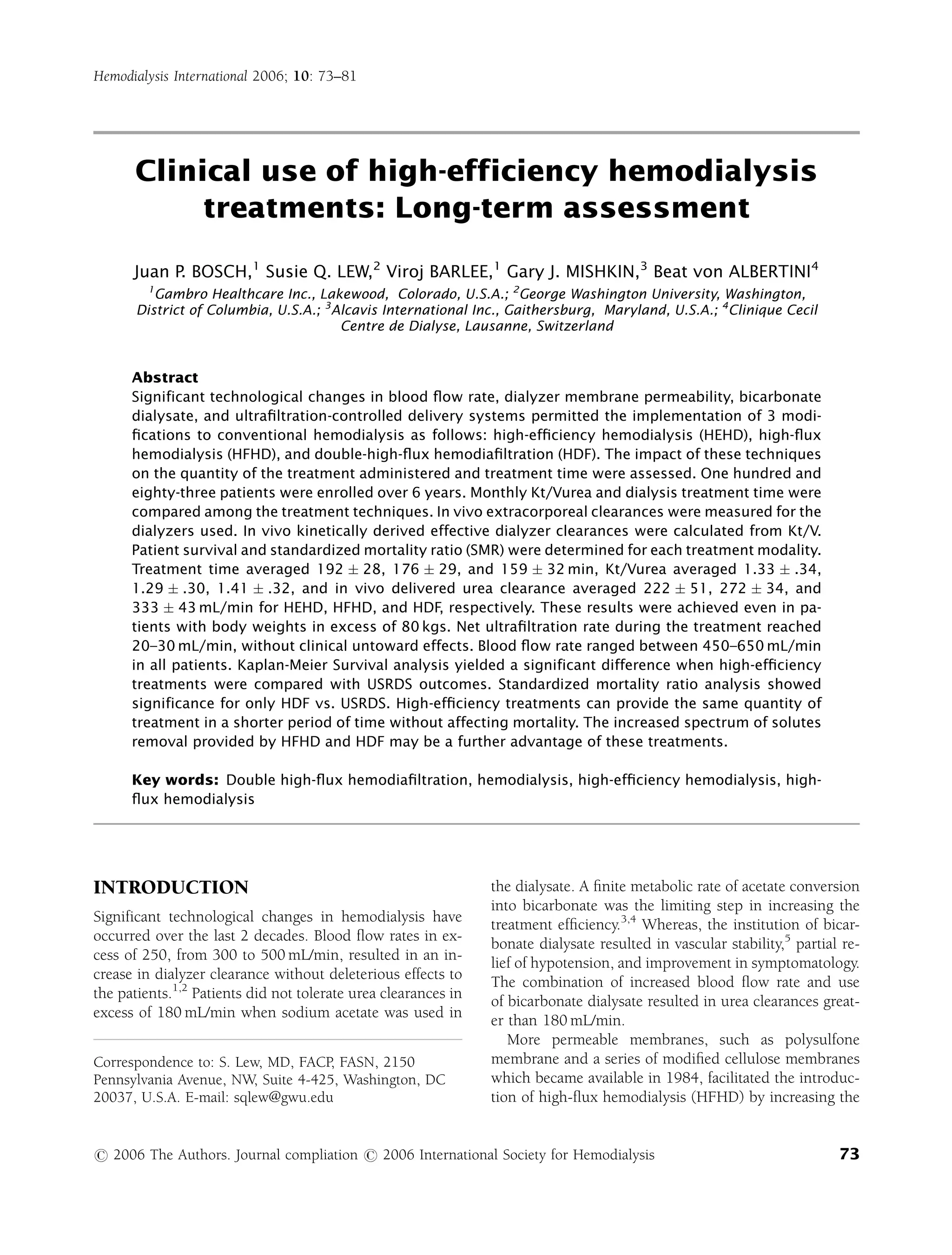 Clinical use of high-efficiency hemodialysis treatments- Long-term ...
