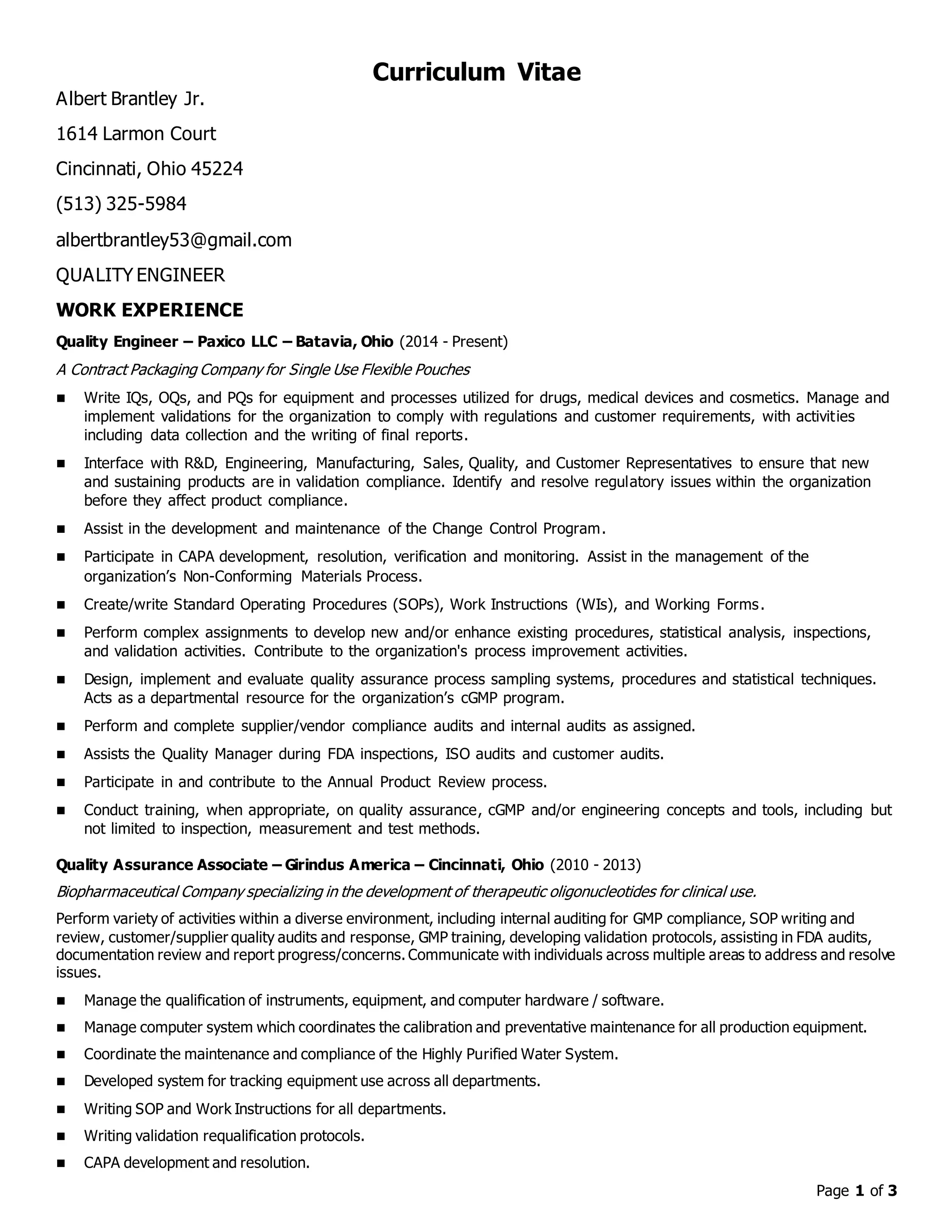 Albert Brantley Jr Curriculum Vitae | DOCX