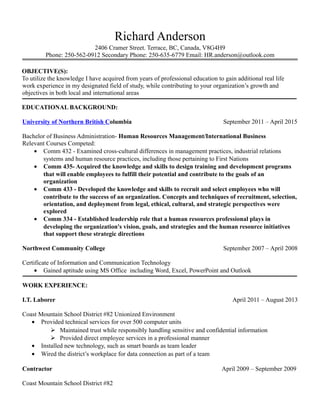Anderson, Richard - Resume | DOC | Business Administration | Business