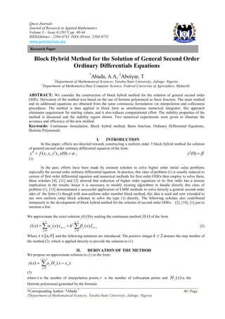 Block Hybrid Method for the Solution of General Second Order Ordinary Differentials Equations | PDF