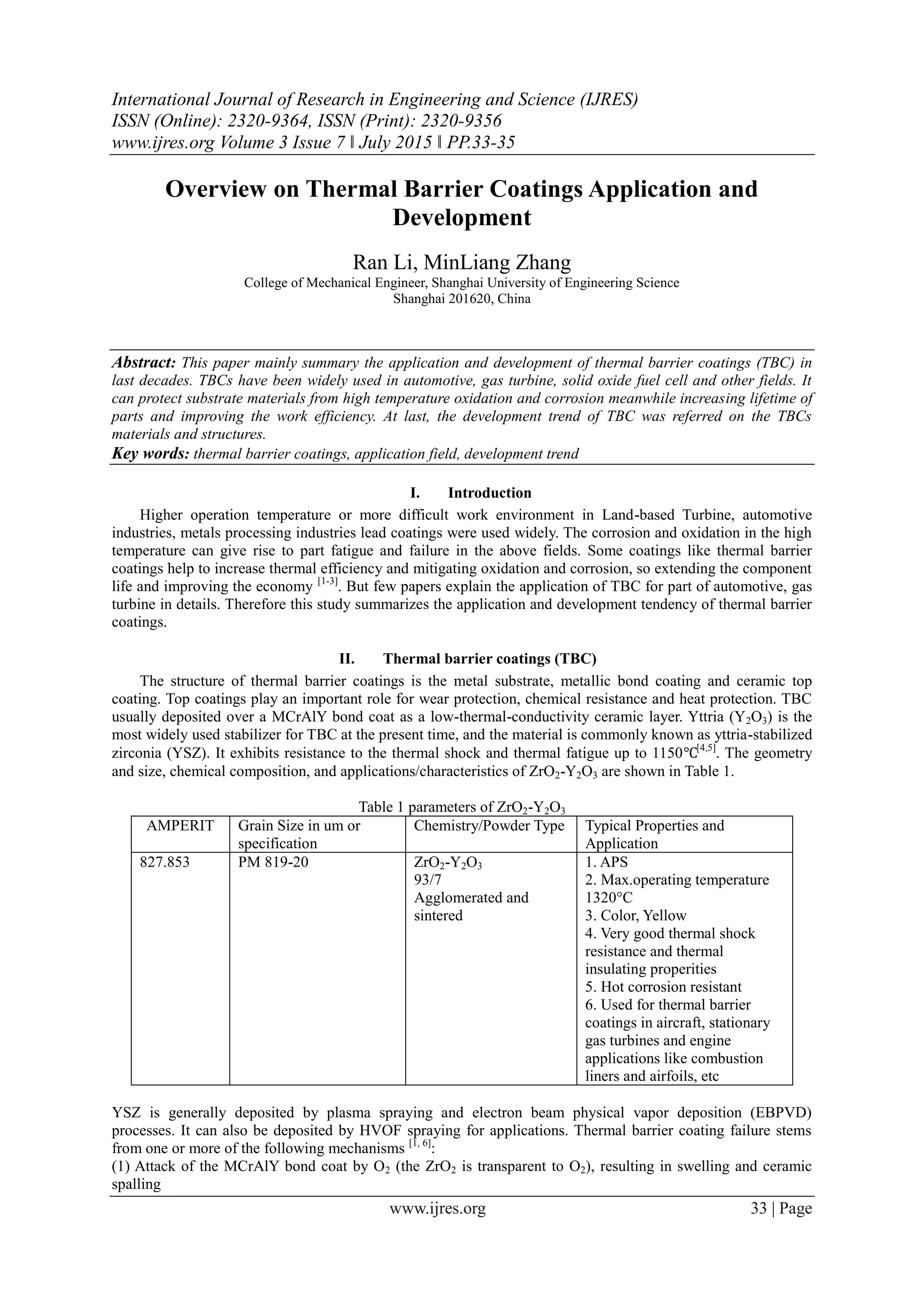 Overview on Thermal Barrier Coatings Application and Development | PDF