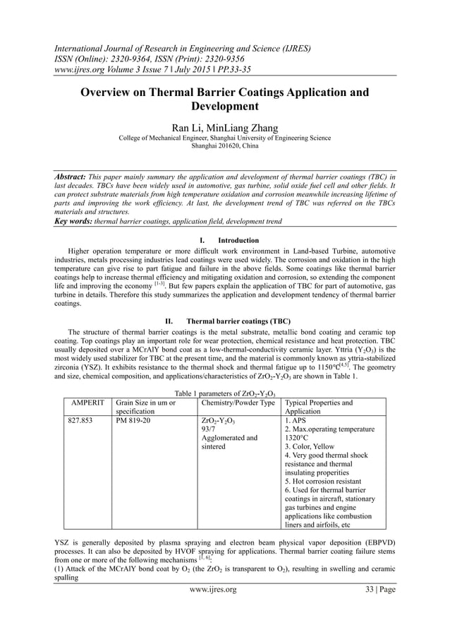 Overview on Thermal Barrier Coatings Application and Development | PDF