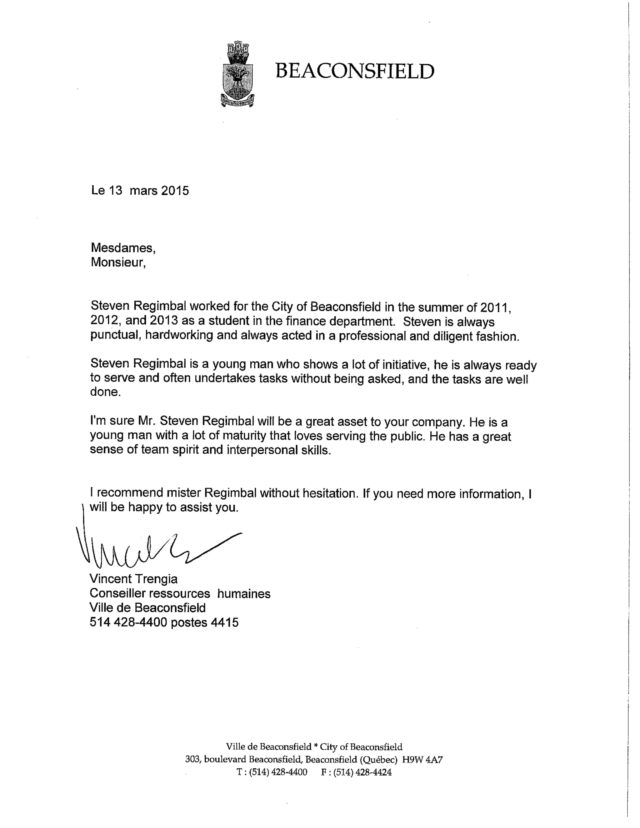 Vincent Trengia Reference Letter for Steven Regimbal | PDF