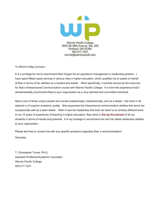 Gargari, Rae_Warner Pacific Letter | PDF