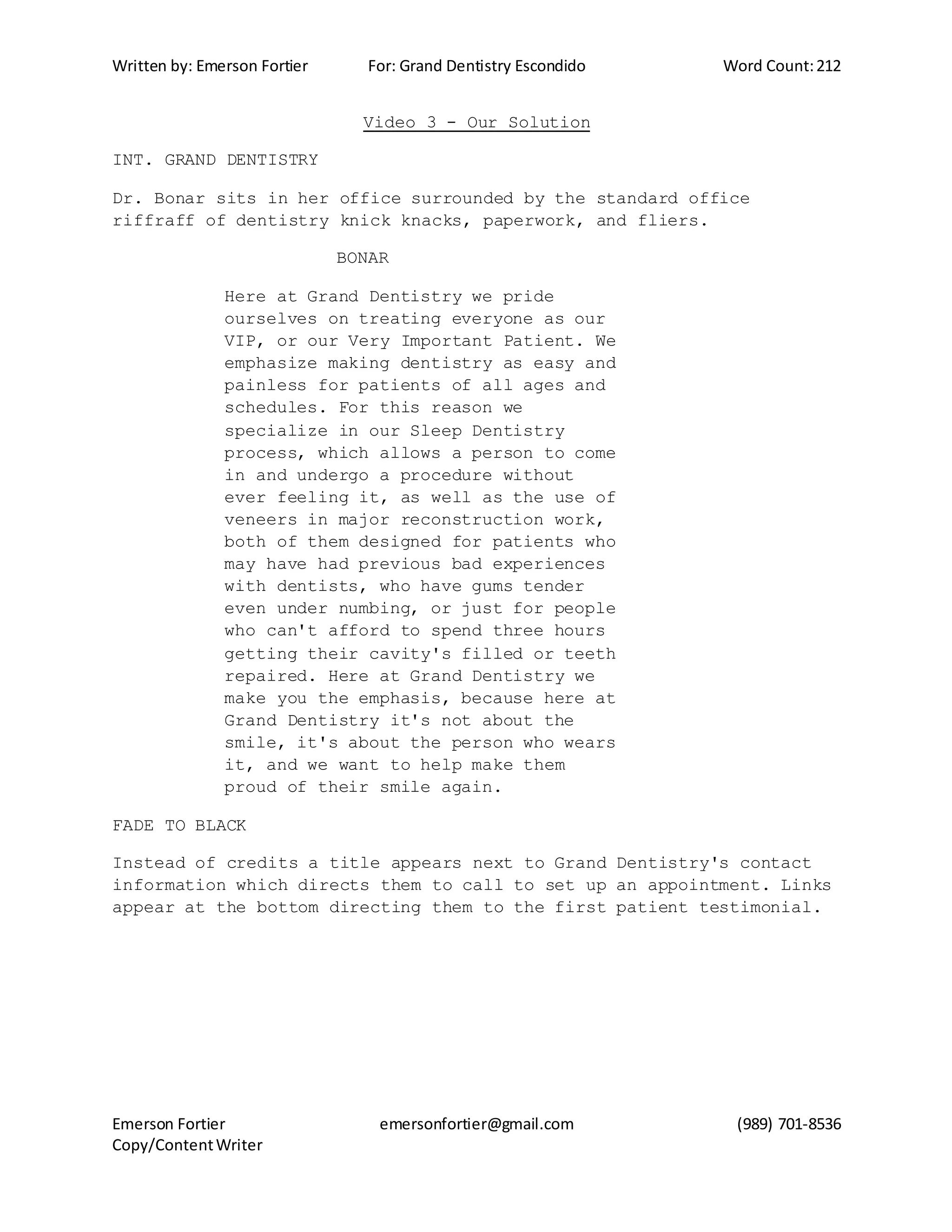 Grand Dentistry Script Sample | DOCX