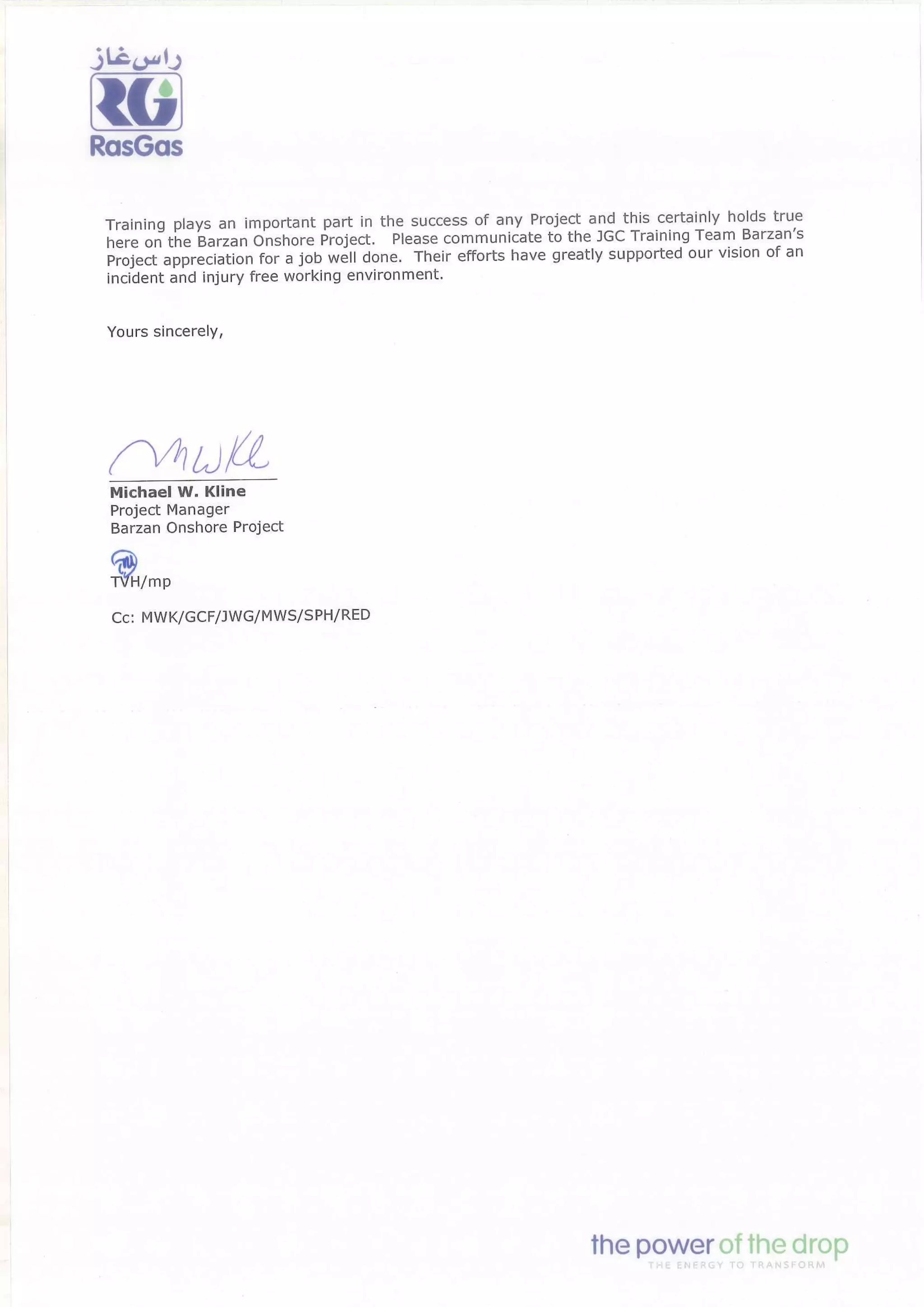 RASGAS _JGC TRAINING Letter- COMMENDABLE PERFORMANCE_27dec2014 | PDF