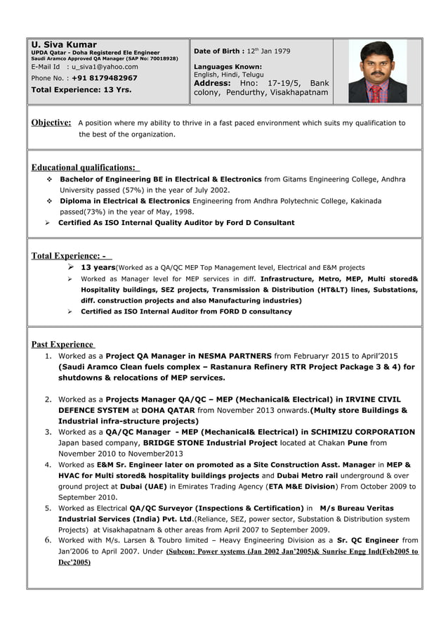 U. Siva Kumar: QA Manager with 13 Yrs Experience | PDF