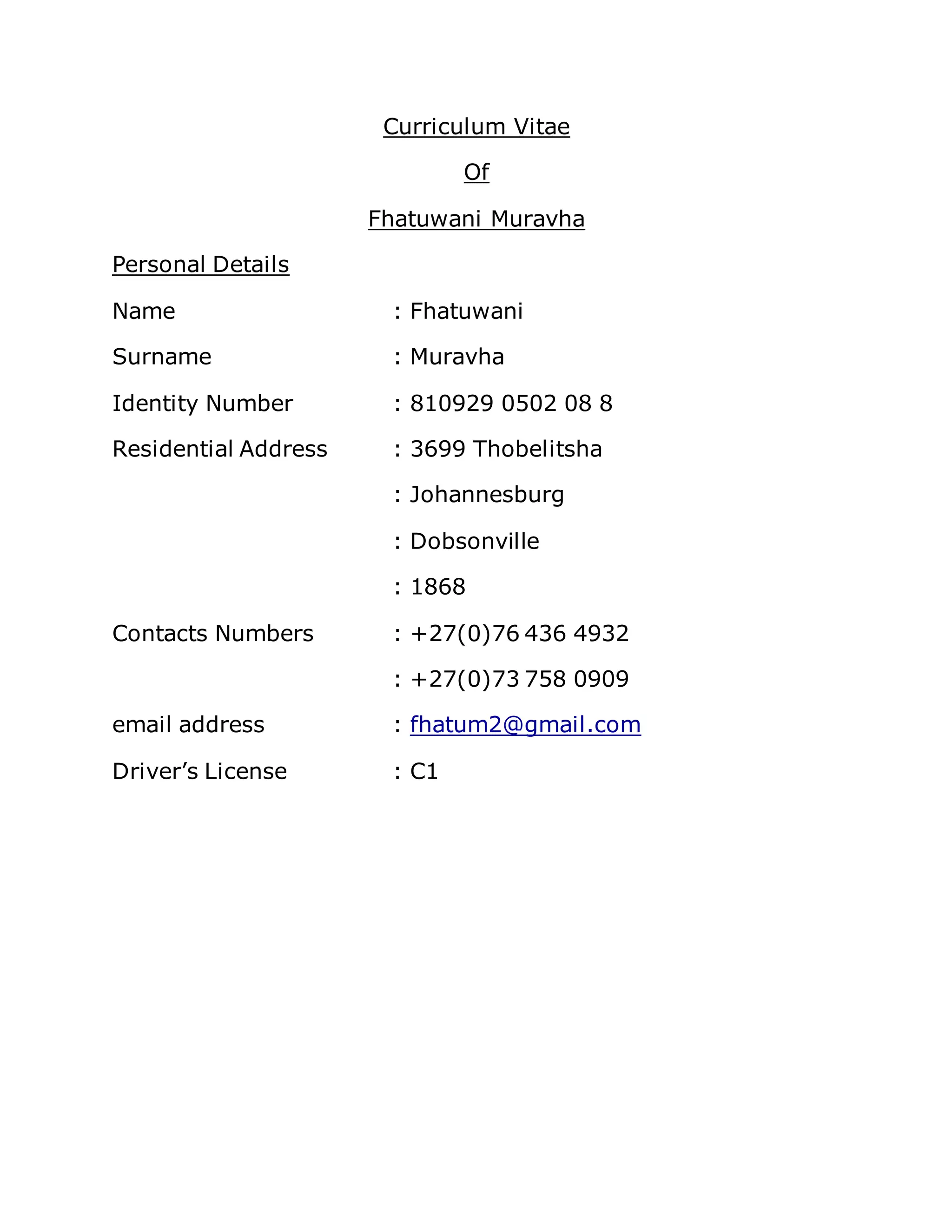 Curriculum Vitae-Fhatuwani Muravha | DOCX