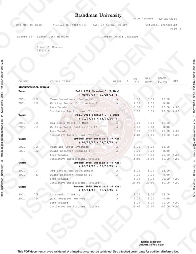 Doctoral Transcript | DOCX | College Education | Education
