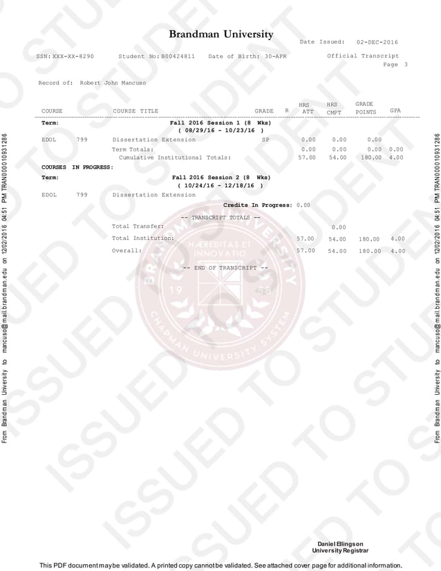 Doctoral Transcript | DOCX | College Education | Education