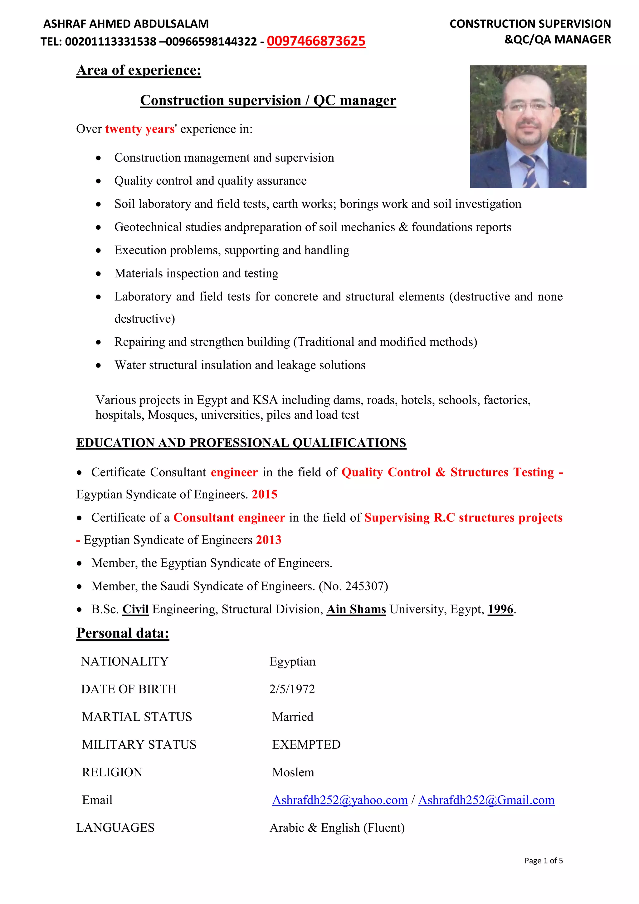 CV.Eng Ashraf Abdulsalam(2016) | PDF | Construction Industry | Industries