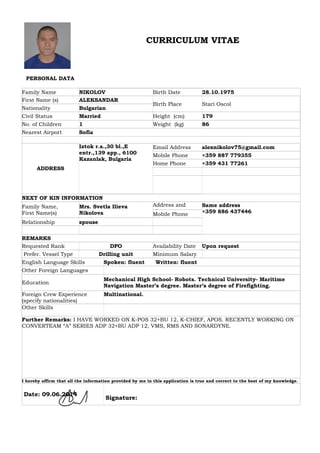 Aleksandar Nikolov CV | DOC | Scuba Diving | Extreme Sports