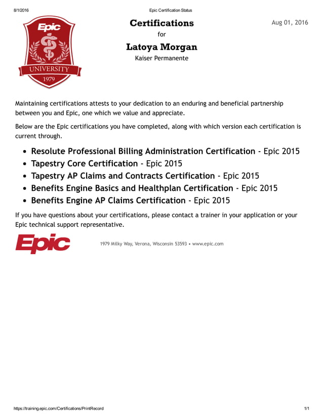 Epic Certification Status | PDF