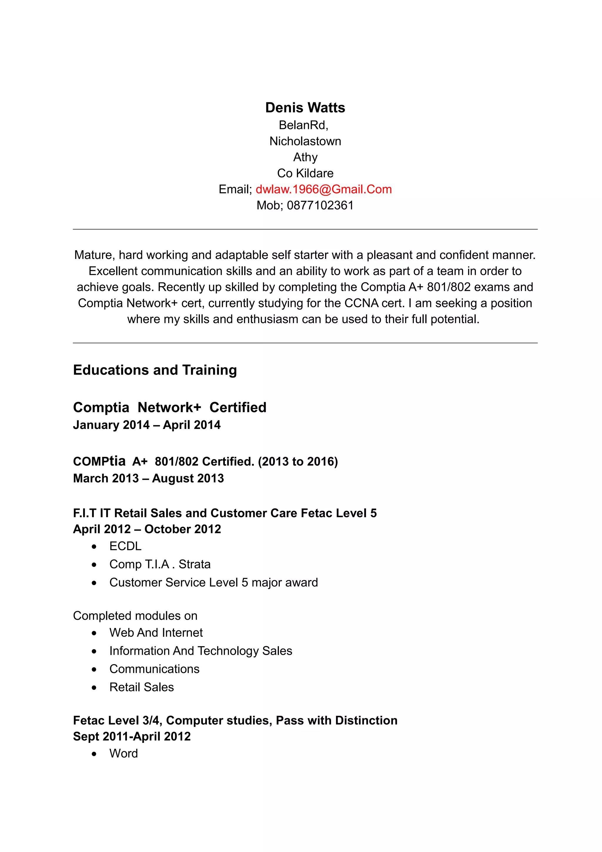 Denis Watts cv1 | ODT | Business | Business and Finance