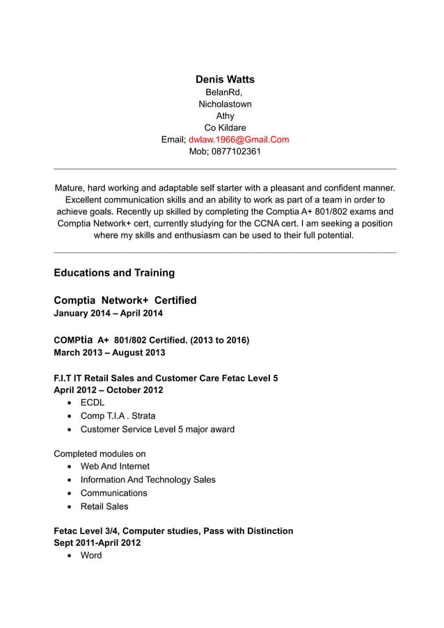 Denis Watts cv1 | ODT | Business | Business and Finance