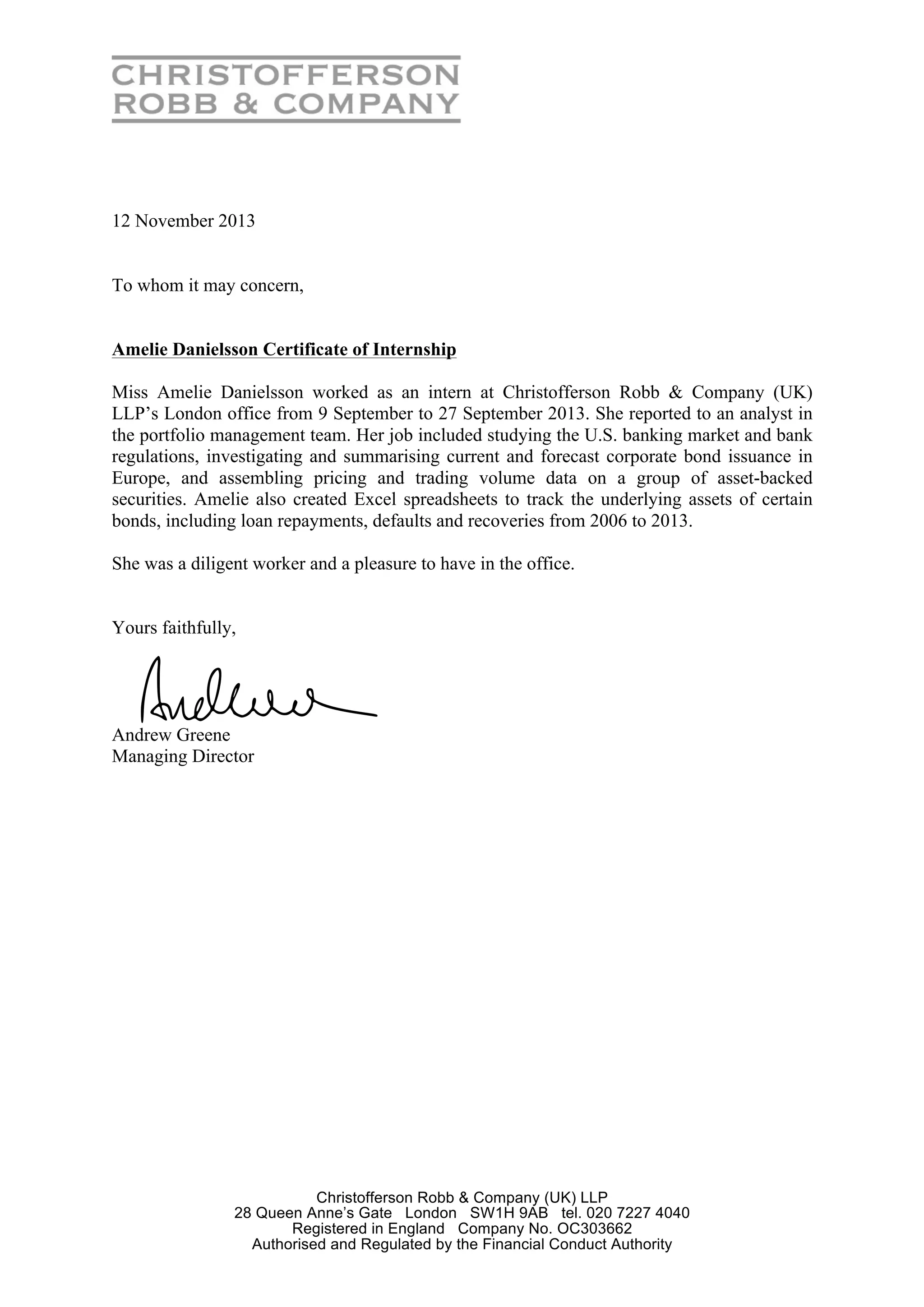 Amelie cert internship Christofersson Robb | PDF