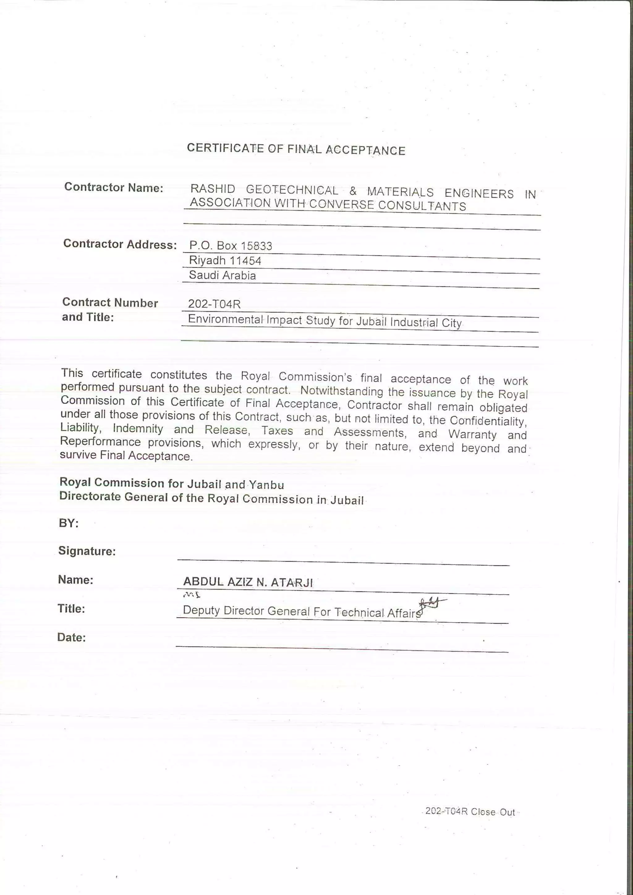 Certification of Final Acceptance by RC-Jub. | PDF