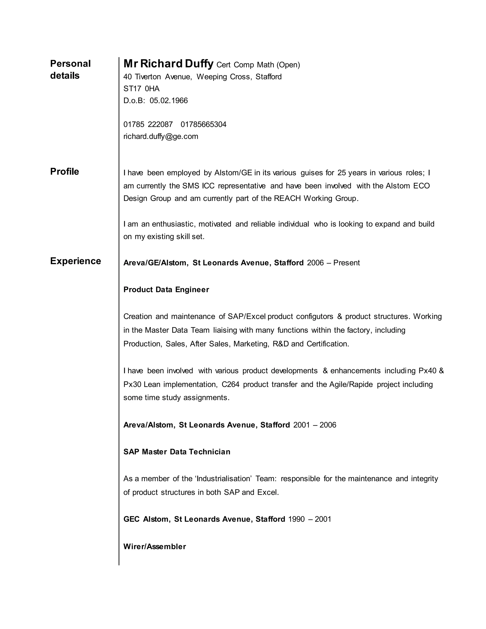 R Duffy CV Jan 2016 | DOCX