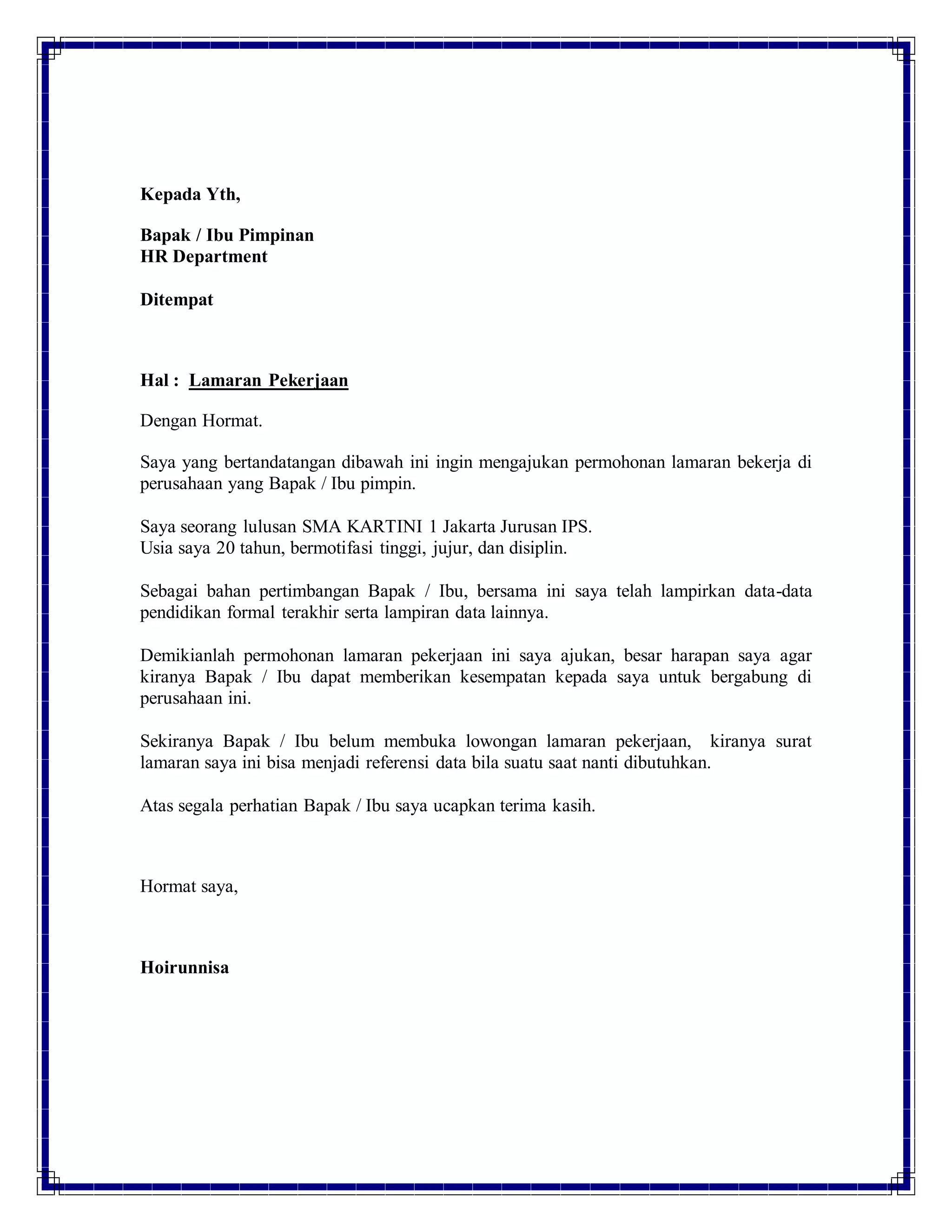 Resume For Application Hoirunnisa | PDF