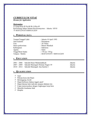 Resume For Application Hoirunnisa | PDF