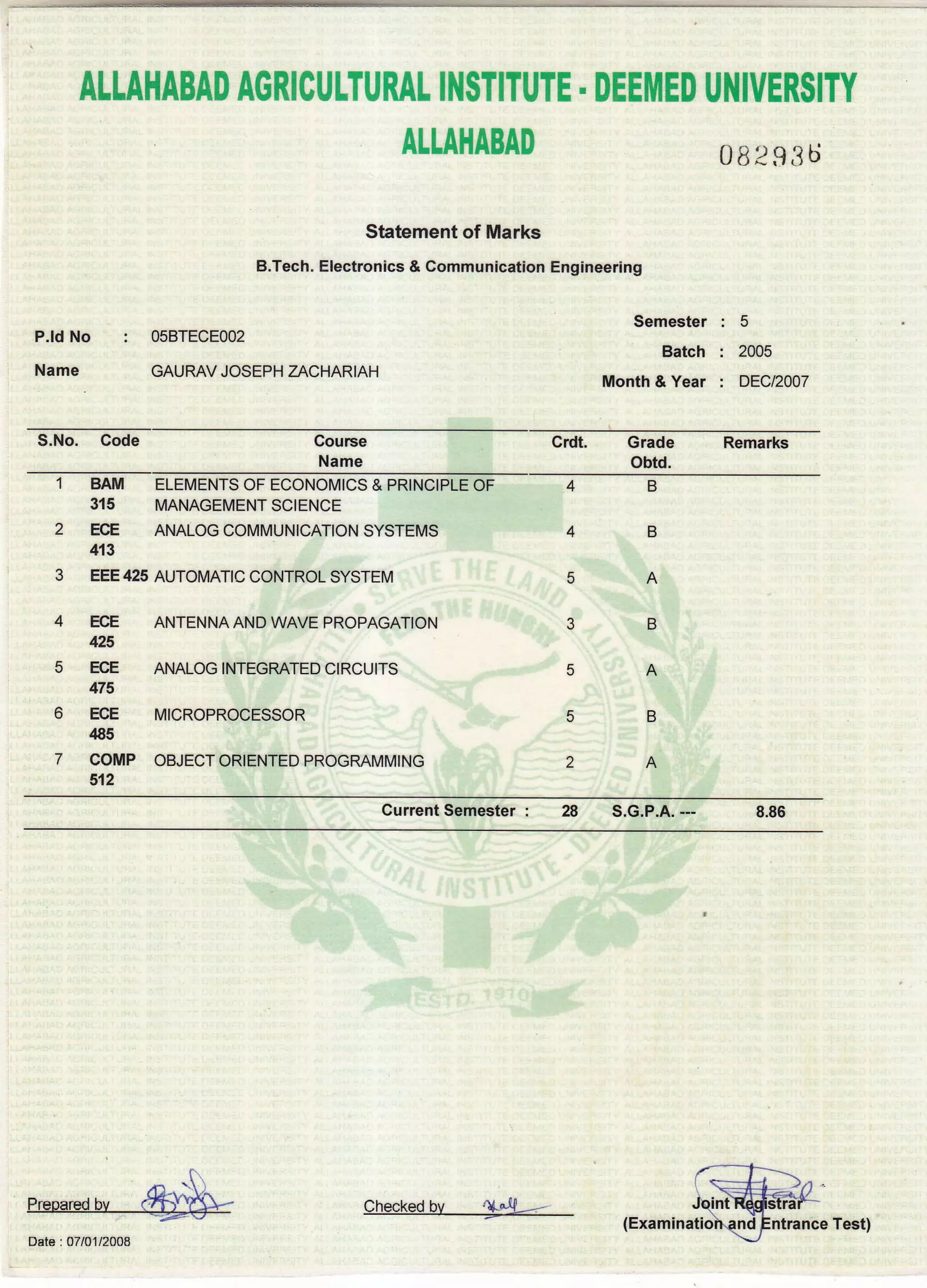 Semester 5 grade-sheet (B. Tech.) | PDF