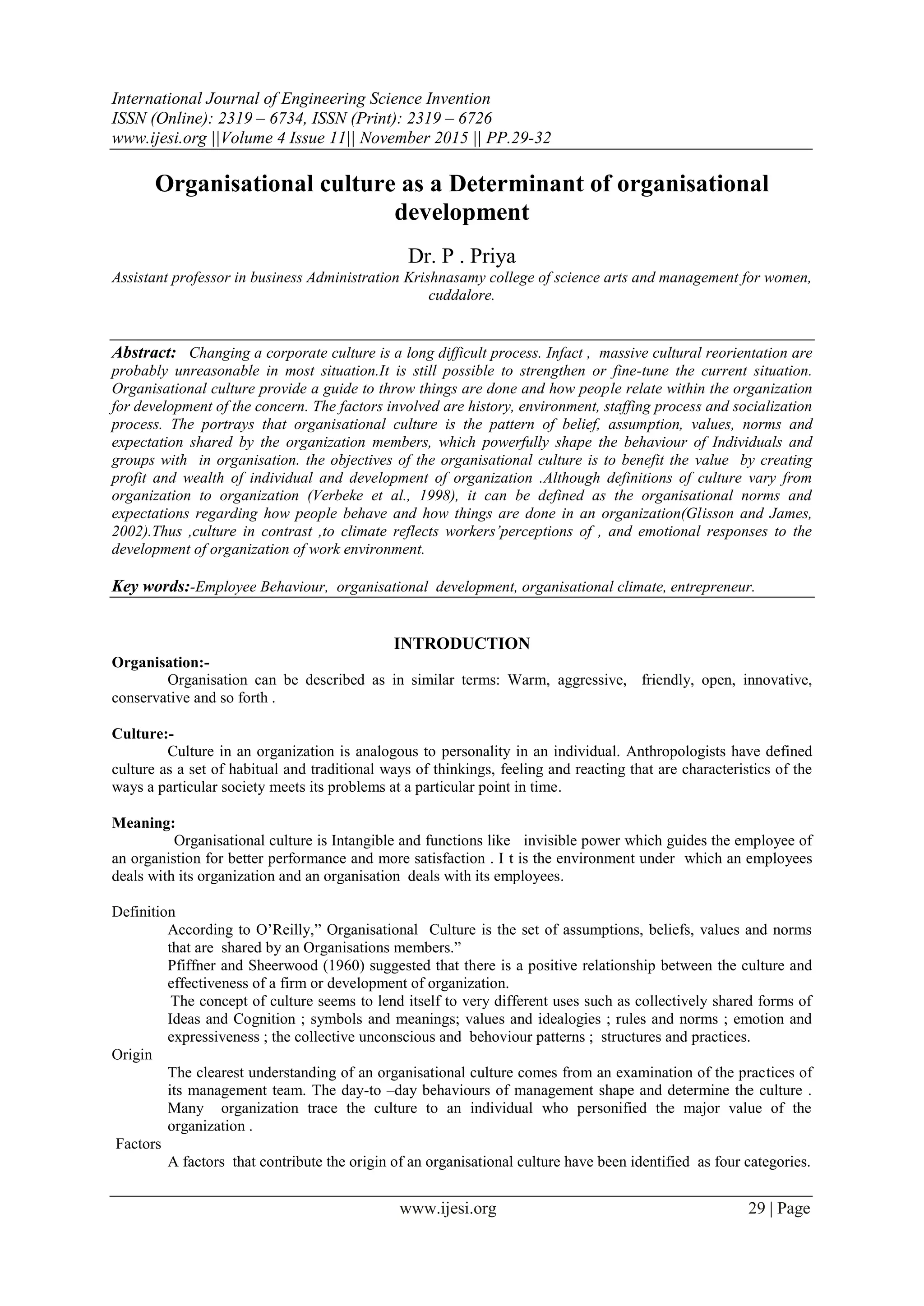 Organisational culture as a Determinant of organisational development | PDF