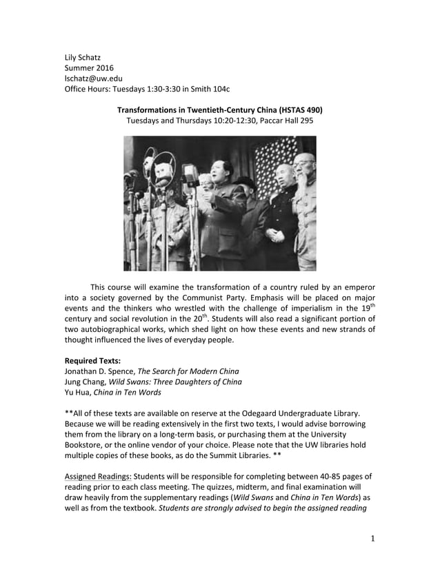 Transformations in 20th Century China Syllabus | PDF