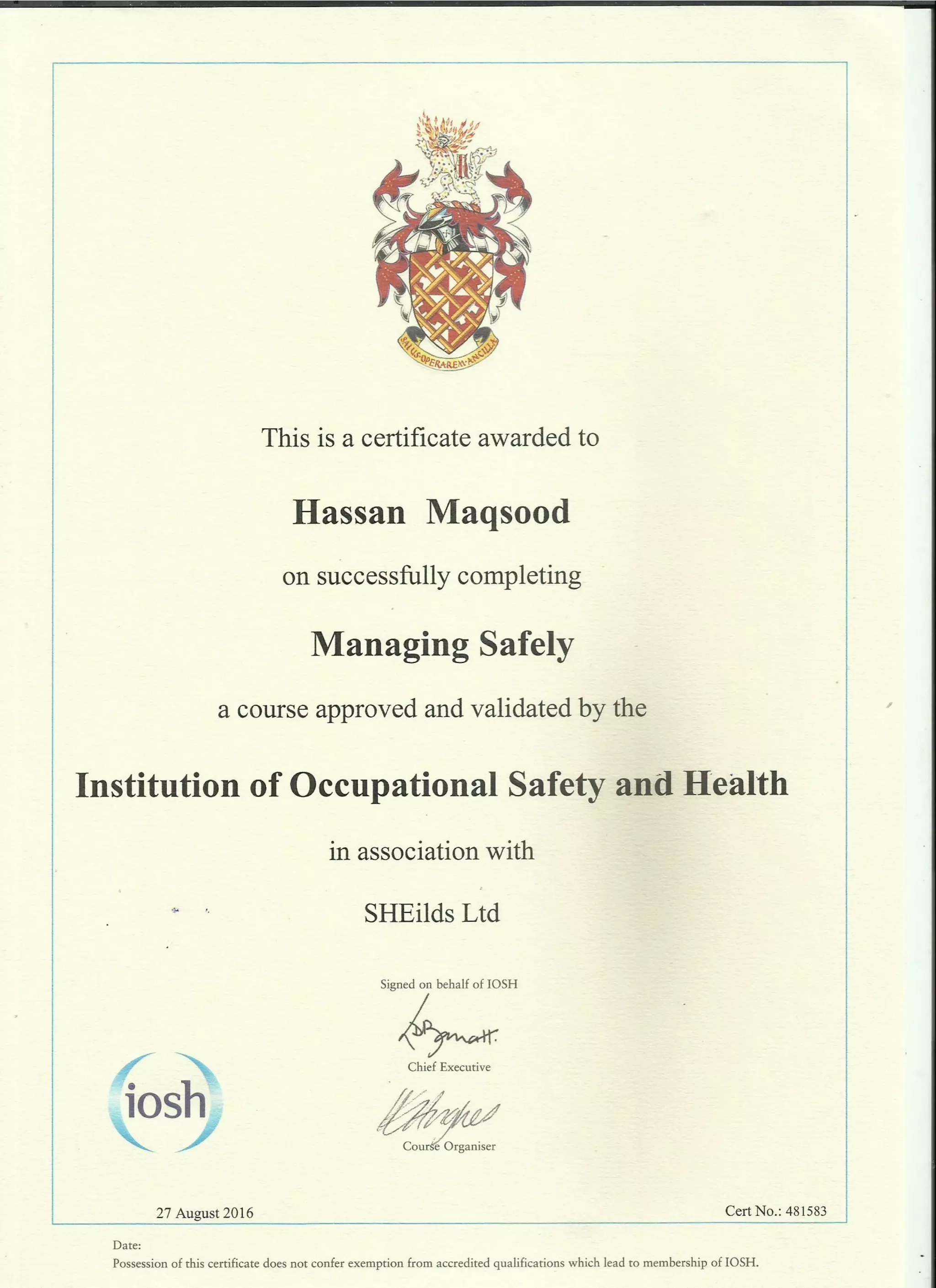 Hassan Maqsood IOSH MS Certificate. (1) | PDF