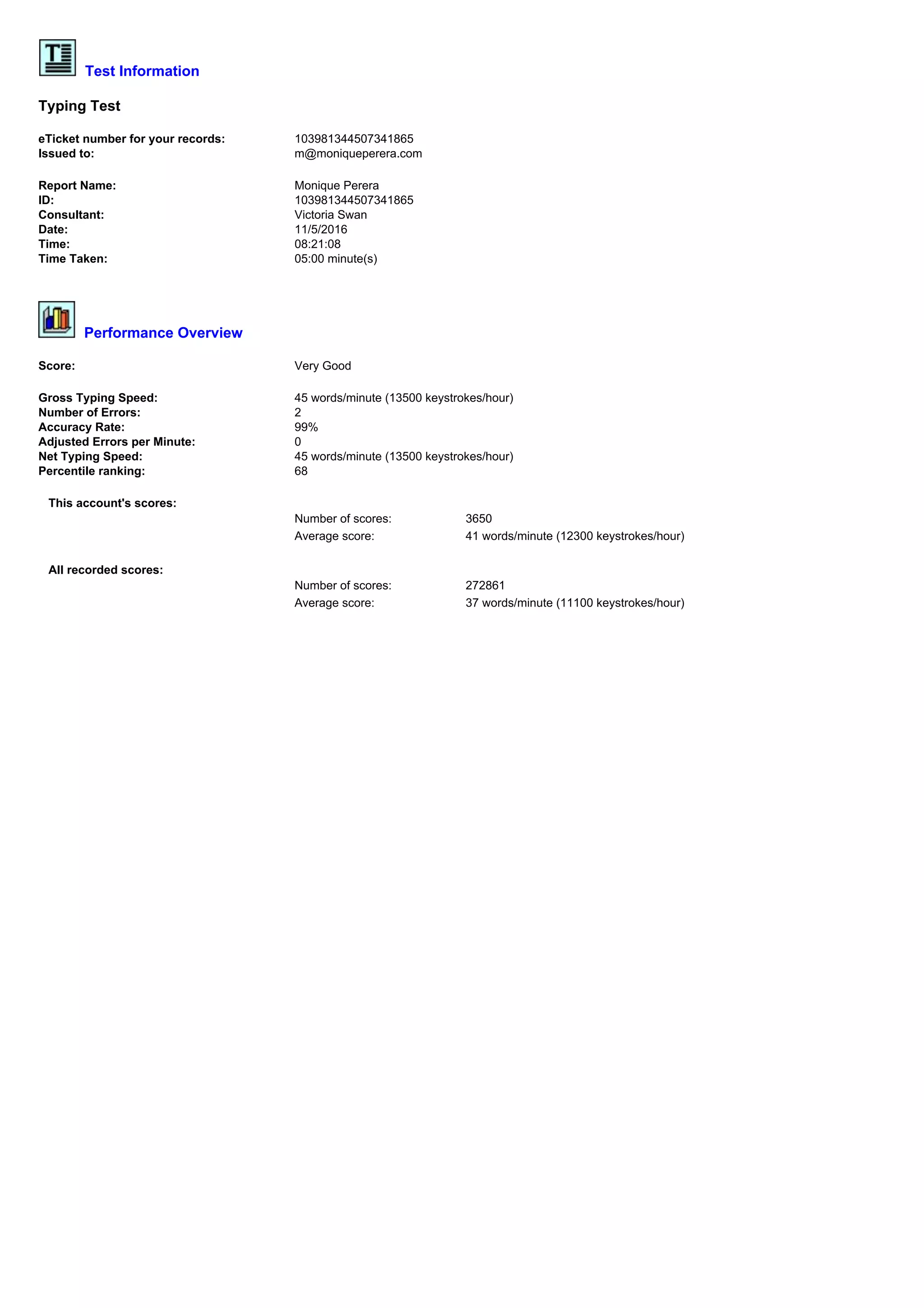 Monique Perera - 503119 Score Report for Monique Perera - Typing Test | PDF
