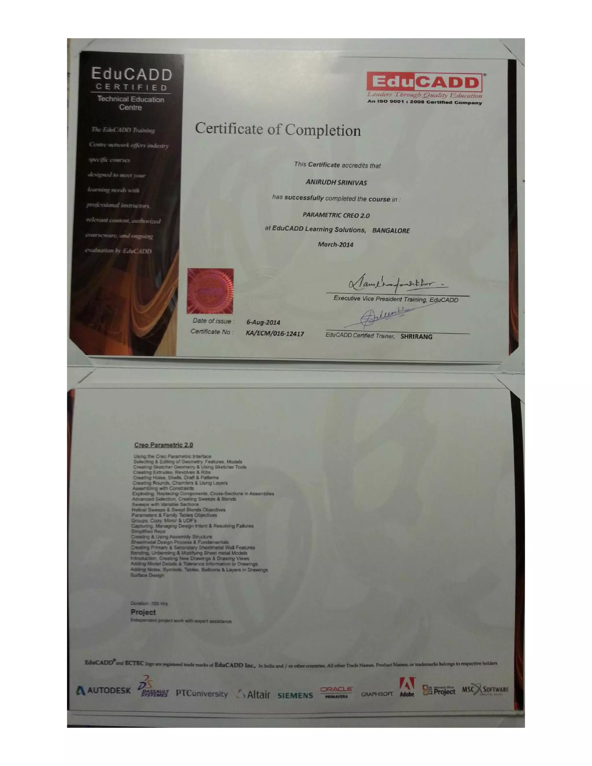 PTC Creo completion certificate | PDF