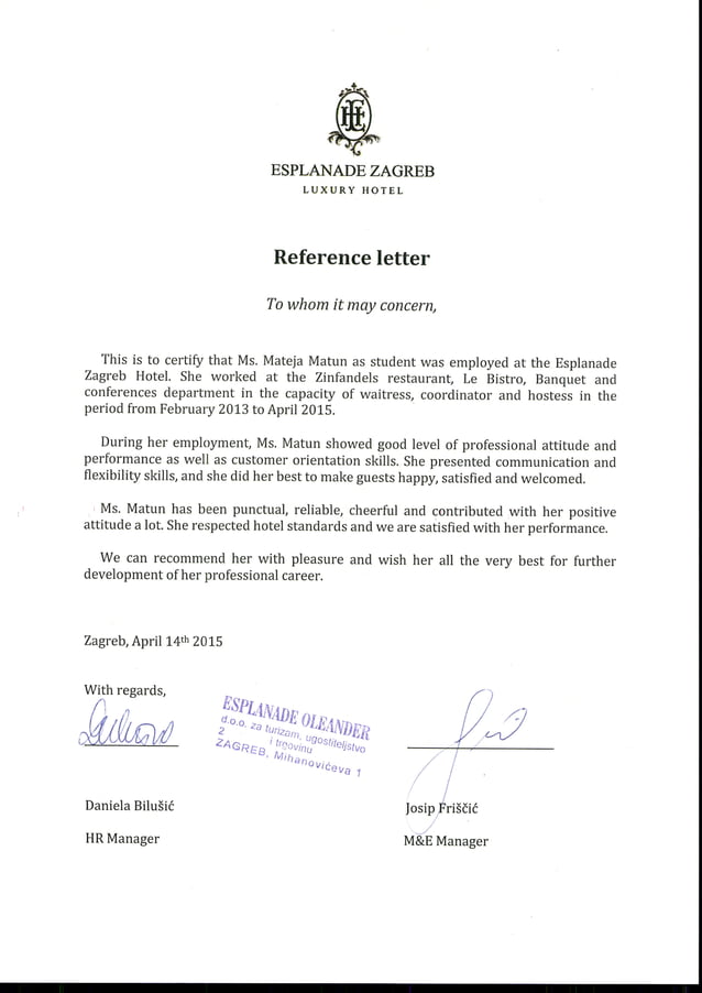 Reference Letter - Esplanade Zagreb Hotel | PDF