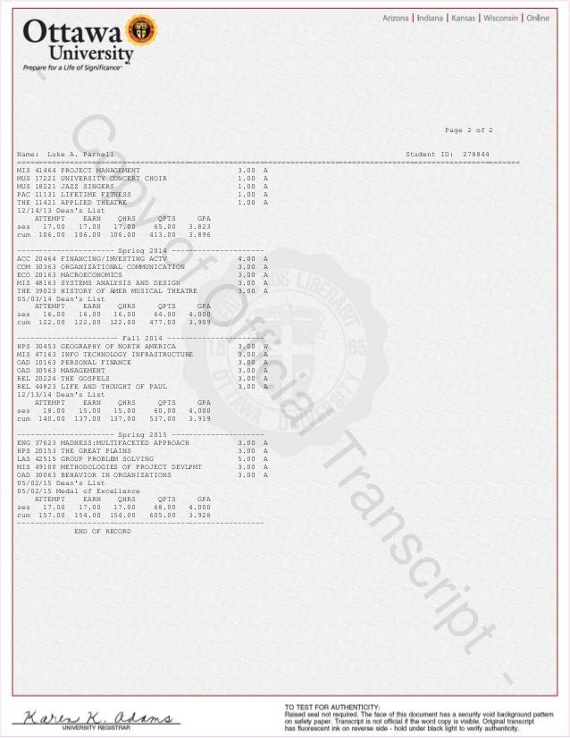 Ottawa University Transcript