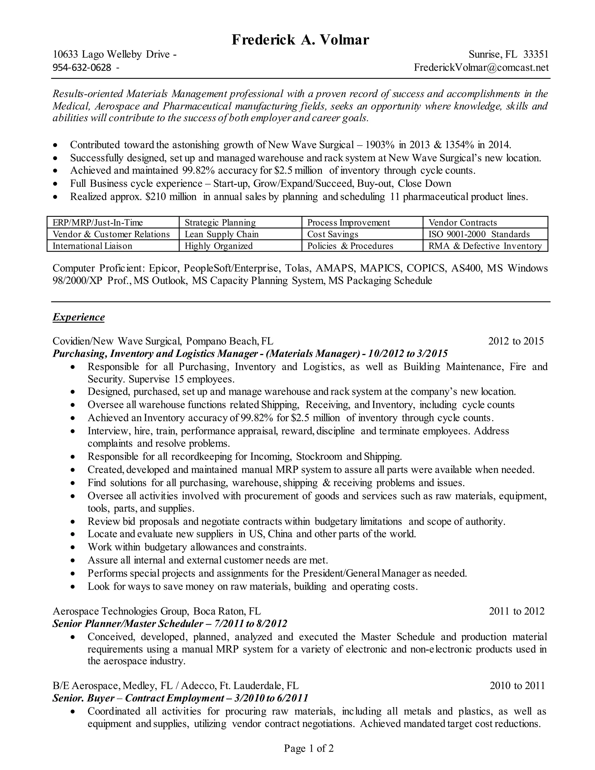 Resume for Frederick A Volmar 3-30-15 | PDF