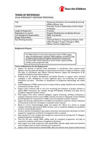 MEAL Advisor Iraq -TOR | PDF