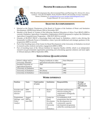 Prosper B. Matondi short resume - GERUDE 2016 | PDF