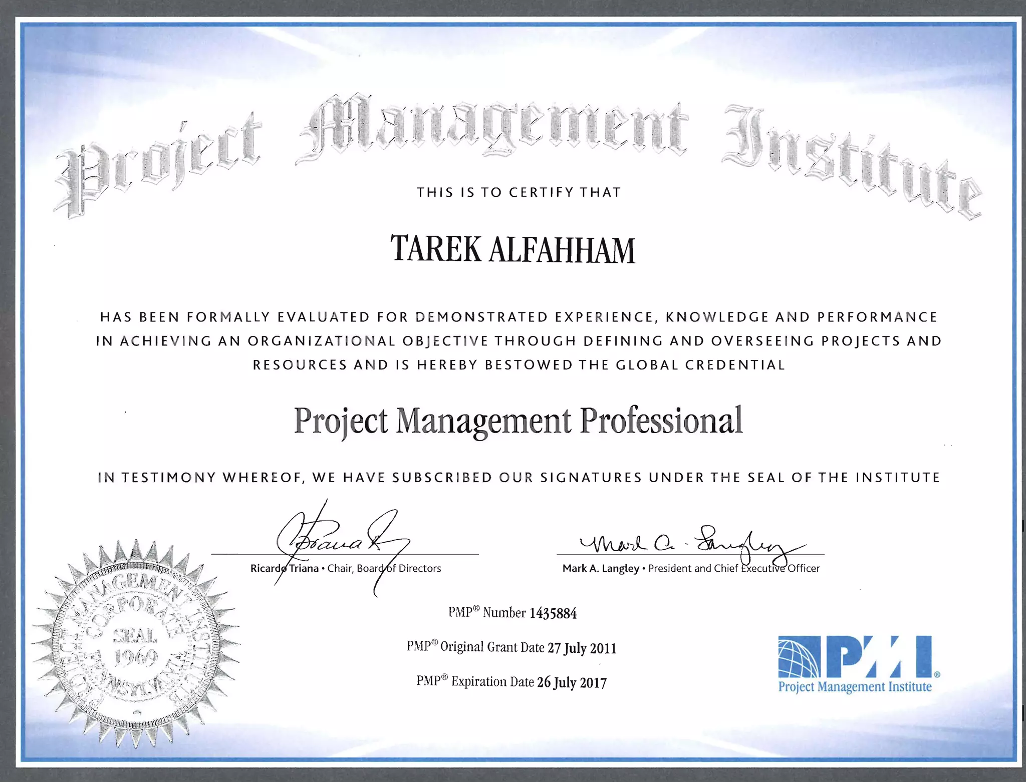 Tarek PMP PMI Certificate - May 2014 | PDF