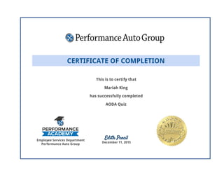 AODA Quiz Certificate for Mariah King | PDF