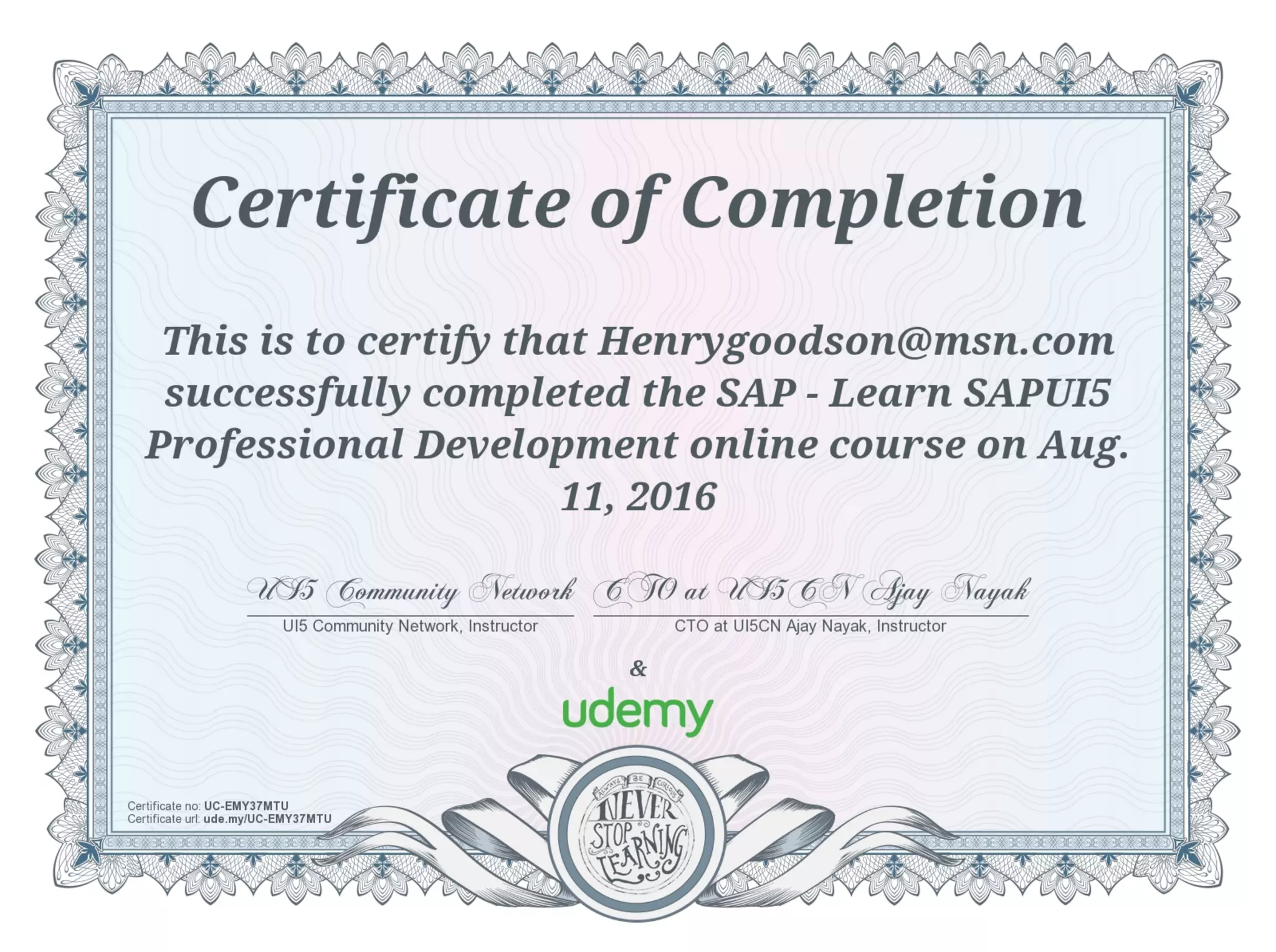 Certificate of Completion - SAP Learn SAPUI5 Professional Development | PDF